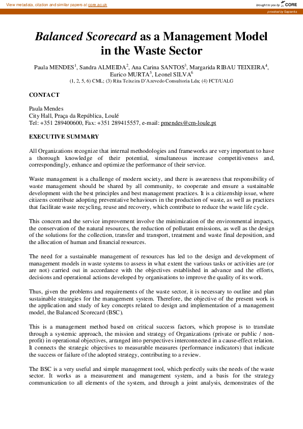 (PDF) Balanced Scorecard as a management model in the waste sector