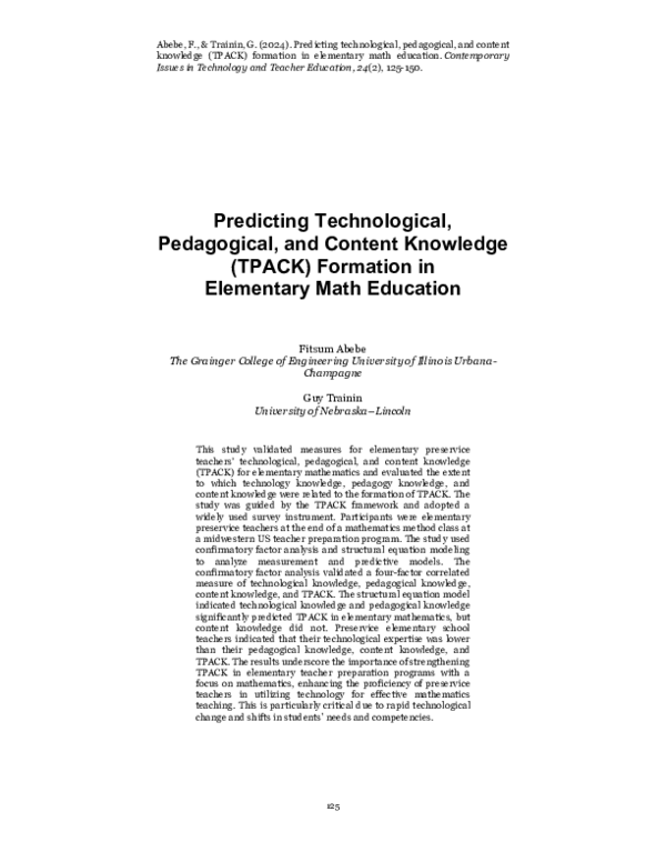 (PDF) Predicting Technological, Pedagogical, and Content Knowledge (TPACK) Formation in ...