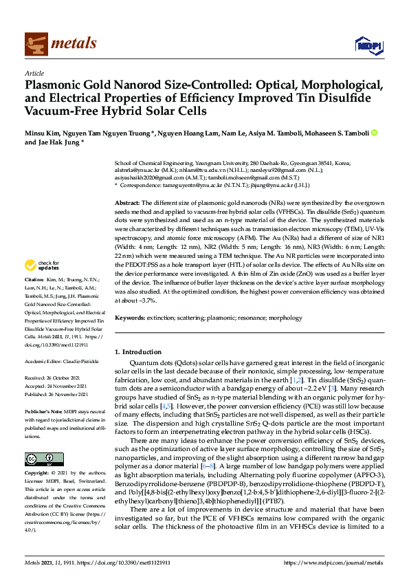 (PDF) Plasmonic Gold Nanorod Size-Controlled: Optical, Morphological ...