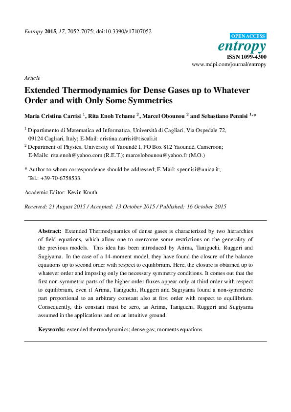 (PDF) Extended thermodynamics for dense gases up to whatever order