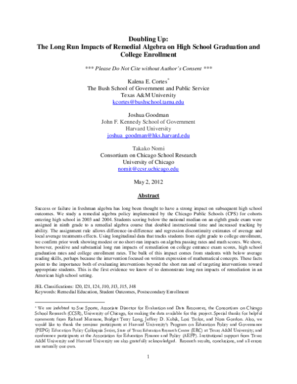 (PDF) Doubling Up: The Long Run Impacts of Remedial Algebra on High ...