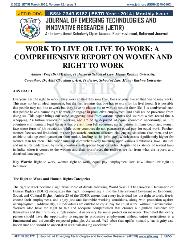 (PDF) WORK TO LIVE OR LIVE TO WORK: A COMPREHENSIVE REPORT ON WOMEN AND ...