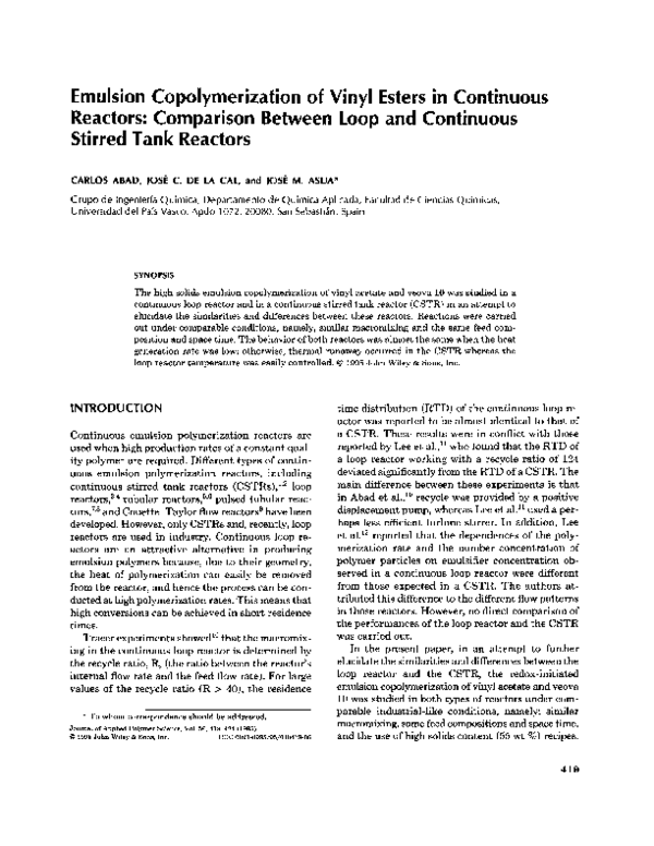 (PDF) Emulsion copolymerization of vinyl esters in continuous reactors: Comparison between loop ...