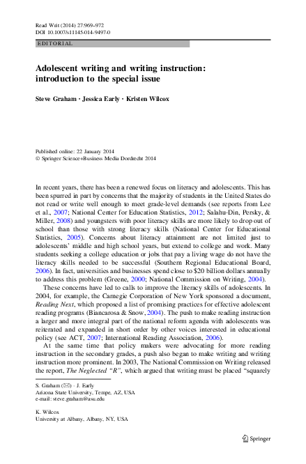 (PDF) Adolescent writing and writing instruction: introduction to the ...