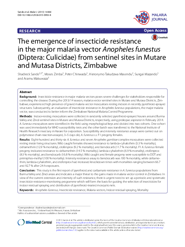 (PDF) The emergence of insecticide resistance in the major malaria vector Anopheles funestus ...