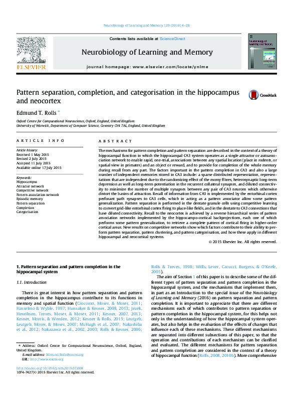 Pattern separation, completion, and categorisation in the hippocampus and neocortex