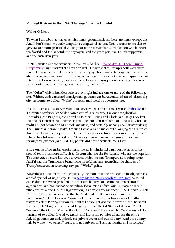 (PDF) Political Division in the USA: The Fearful vs the Hopeful