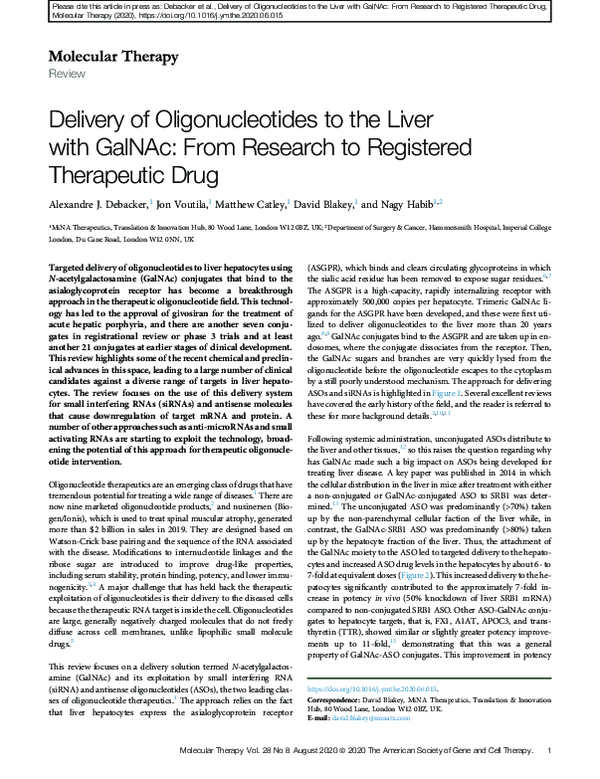 (PDF) Delivery of Oligonucleotides to the Liver with GalNAc: From ...