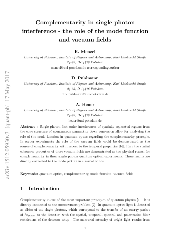 (PDF) Complementarity in single photon interference - the role of mode functions and vacuum fields