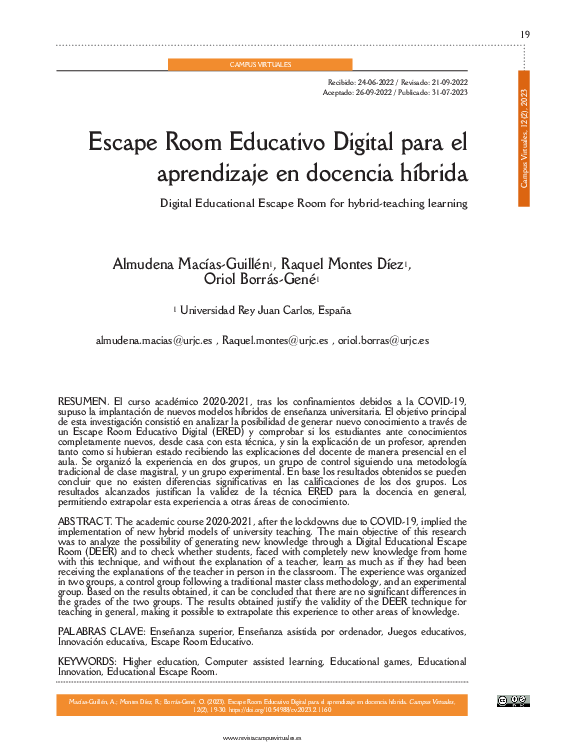 (PDF) Escape Room Educativo digital para el aprendizaje en docencia híbrida digital Educational ...