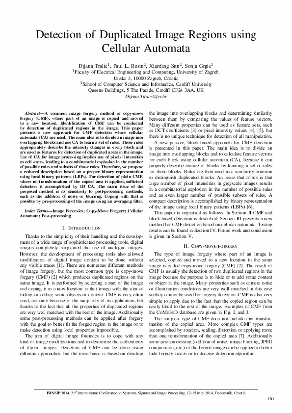(PDF) Detection of duplicated image regions using cellular automata