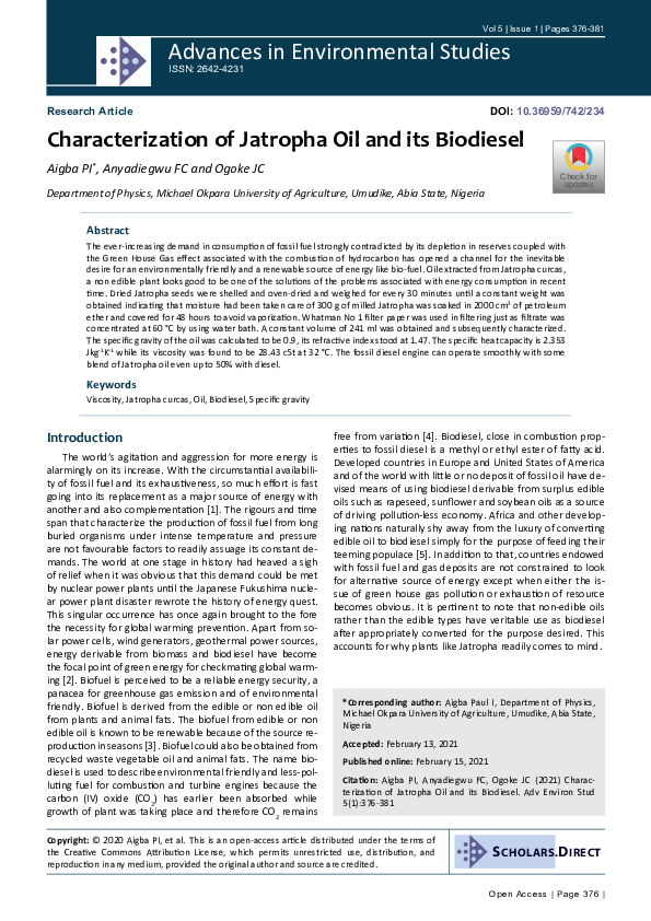 (PDF) Characterization of Jatropha Oil and its Biodiesel