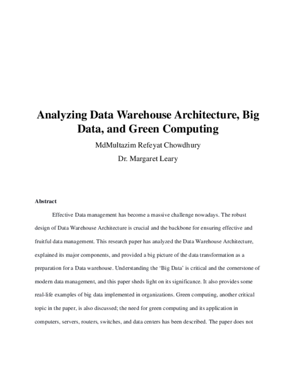 (PDF) Analyzing Data Warehouse Architecture, Big Data, and Green Computing