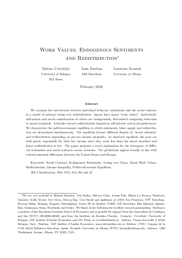 (PDF) Work Values, Endogenous Sentiments and Redistribution
