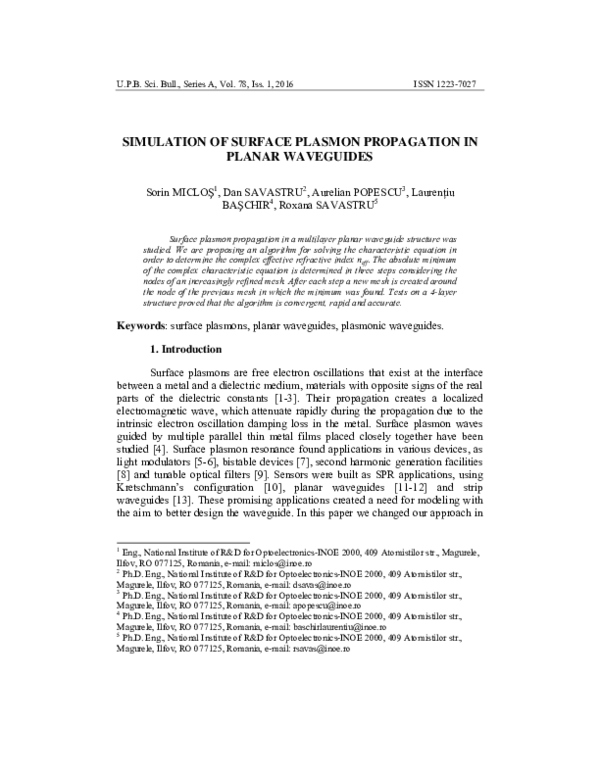 (PDF) Simulation of Surface Plasmon Propagation in Planar Waveguides