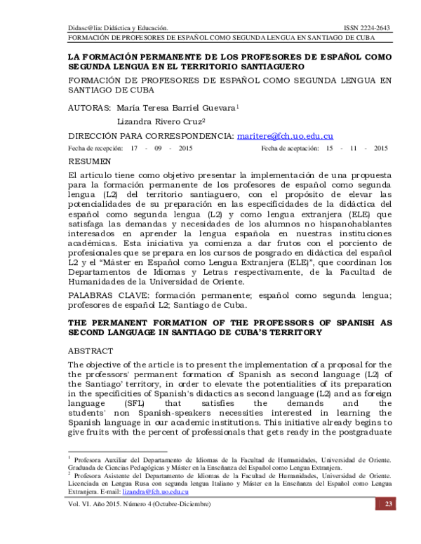 La formación permanente de los profesores de español como segunda ...