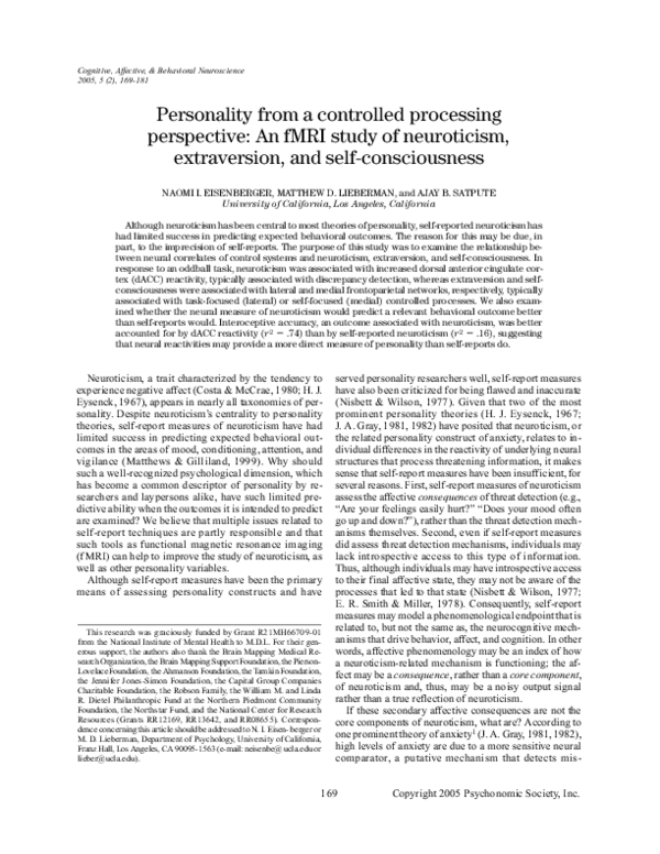 (PDF) Personality from a controlled processing perspective: An fMRI study of neuroticism ...