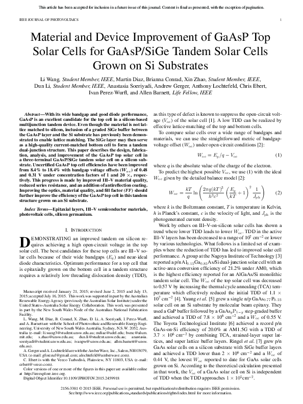 (PDF) Material and Device Improvement of GaAsP Top Solar Cells for ...