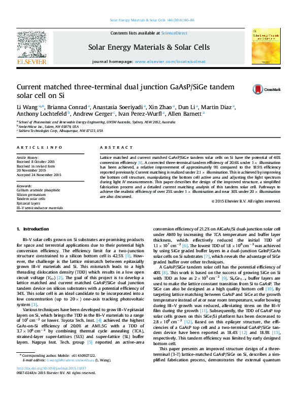 Current matched three-terminal dual junction GaAsP/SiGe tandem solar ...