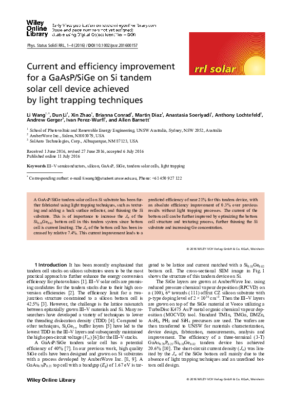 (PDF) Current and efficiency improvement for a GaAsP/SiGe on Si tandem ...