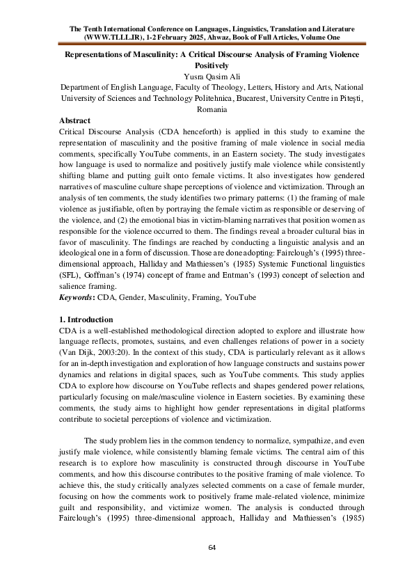 (PDF) Representations of Masculinity: A Critical Discourse Analysis of Framing Violence Positively
