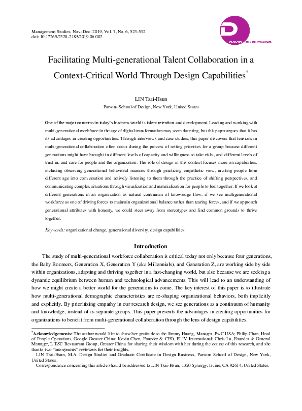 (PDF) Facilitating Multi-generational Talent Collaboration in a Context ...