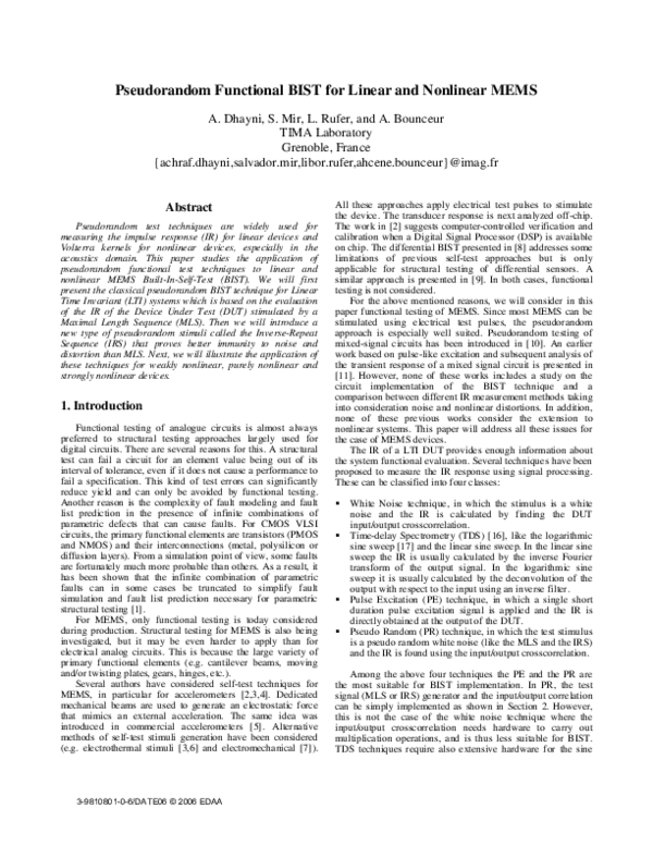 (PDF) Pseudorandom Functional BIST for Linear and Nonlinear MEMS