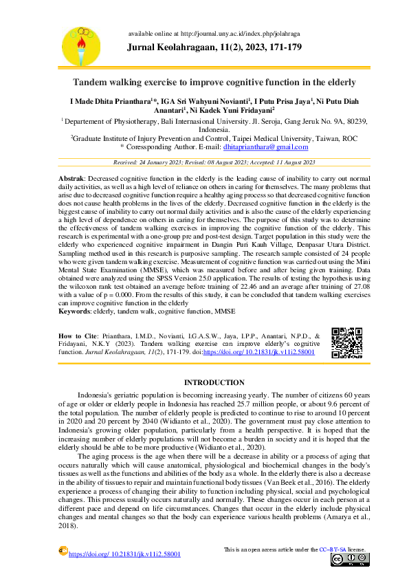 (PDF) Tandem walking exercise to improve cognitive function in the elderly