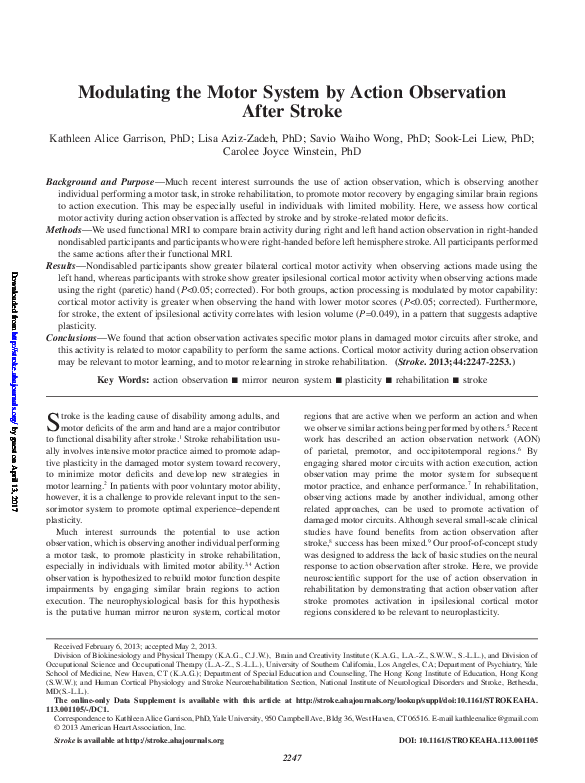 (PDF) Modulating the Motor System by Action Observation After Stroke