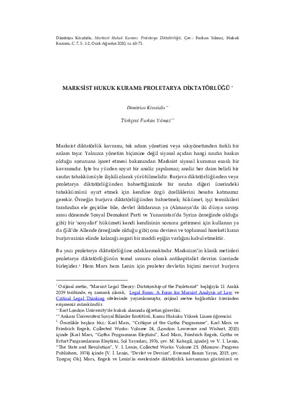(PDF) MARKSİST HUKUK KURAMI: PROLETARYA DİKTATÖRLÜĞÜ (ÇEVİRİ)