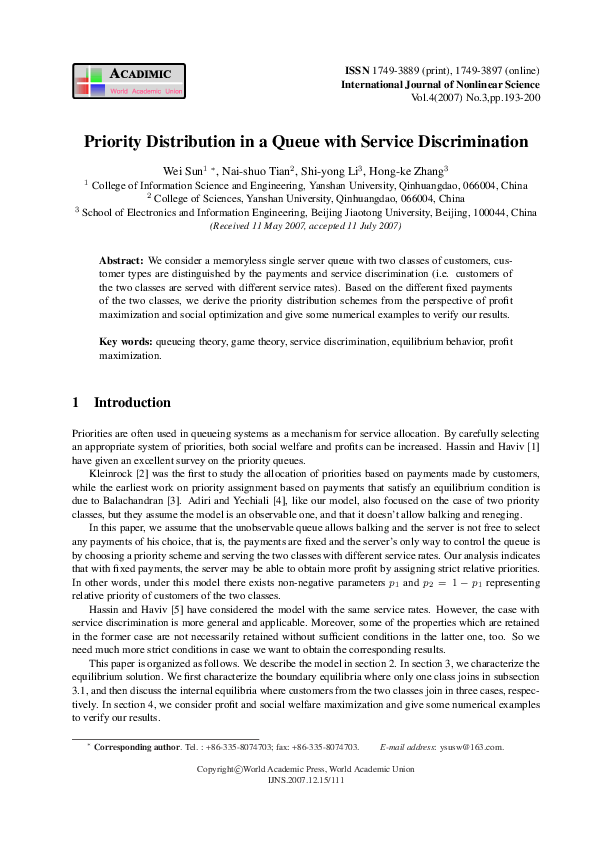 (PDF) Priority distribution in a queue with service discrimination