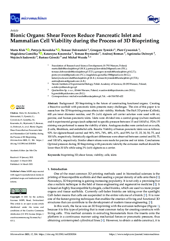 Bionic Organs: Shear Forces Reduce Pancreatic Islet and Mammalian Cell ...