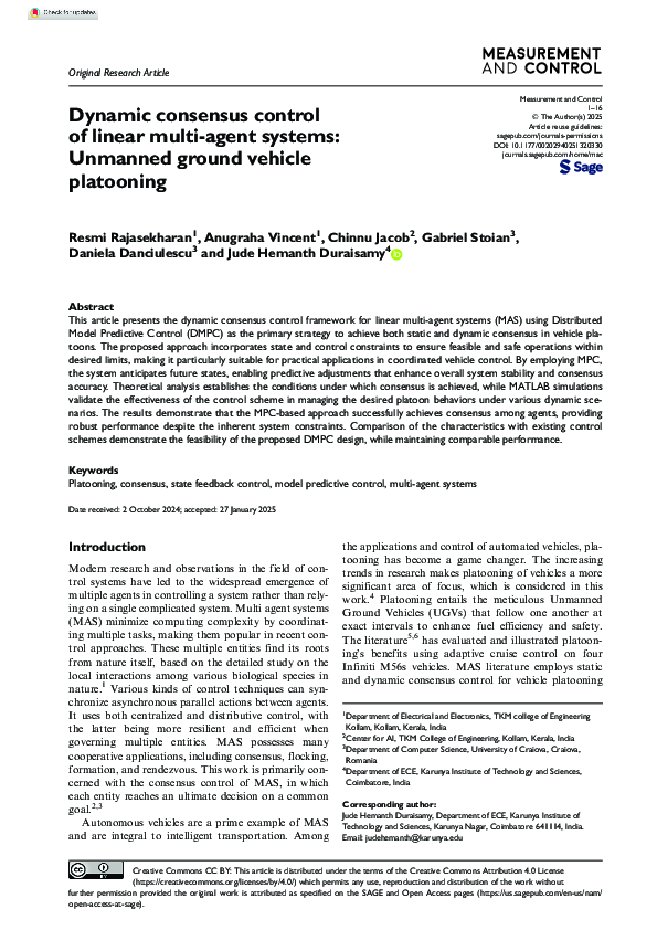 (PDF) Dynamic consensus control of linear multi-agent systems: Unmanned ground vehicle platooning