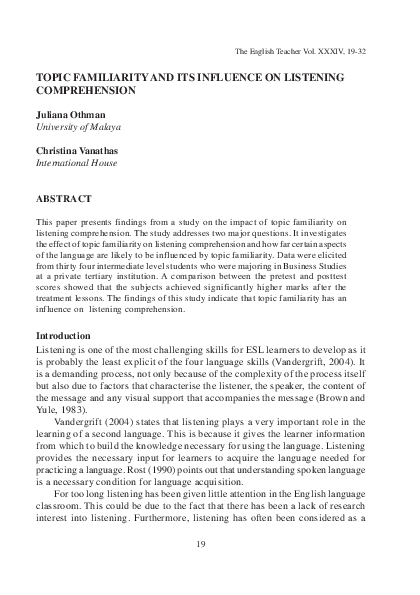 (PDF) The English Teacher Vol.XXXIV TOPIC FAMILIARITY AND ITS INFLUENCE ...