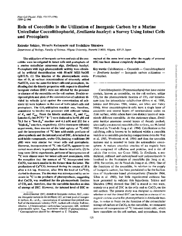 (PDF) Role of Coccoliths in the Utilization of Inorganic Carbon by a ...