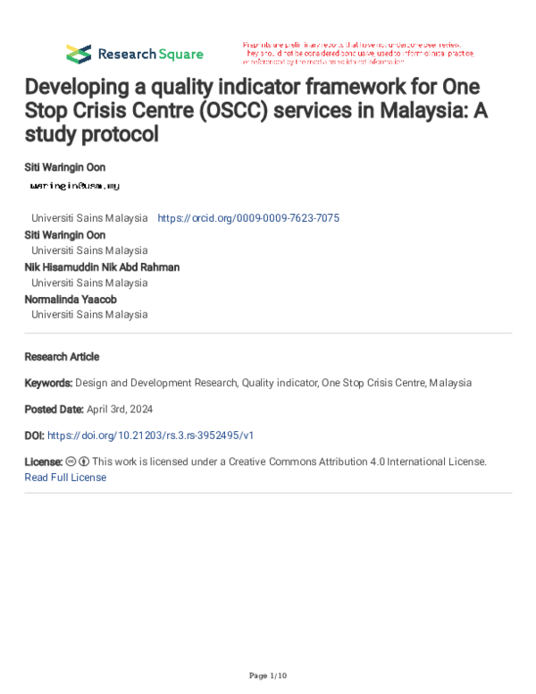 (PDF) Developing a quality indicator framework for One Stop Crisis Centre (OSCC) services in ...