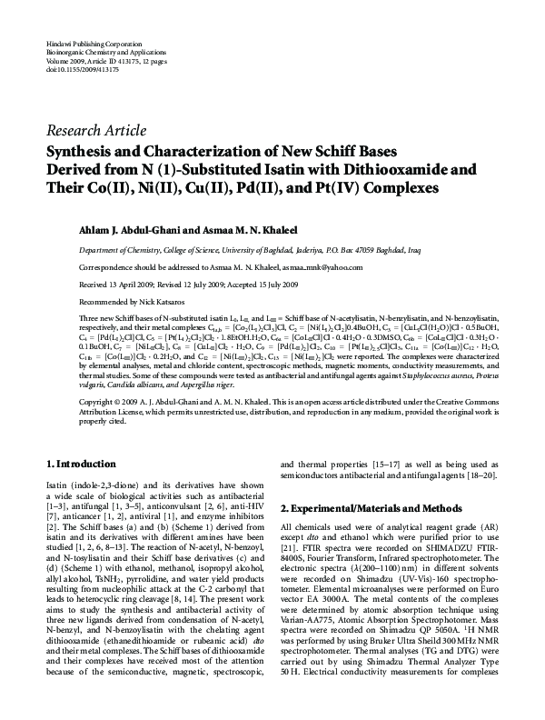 Synthesis and Characterization of New Schiff Bases Derived from N (1)-Substituted Isatin with ...