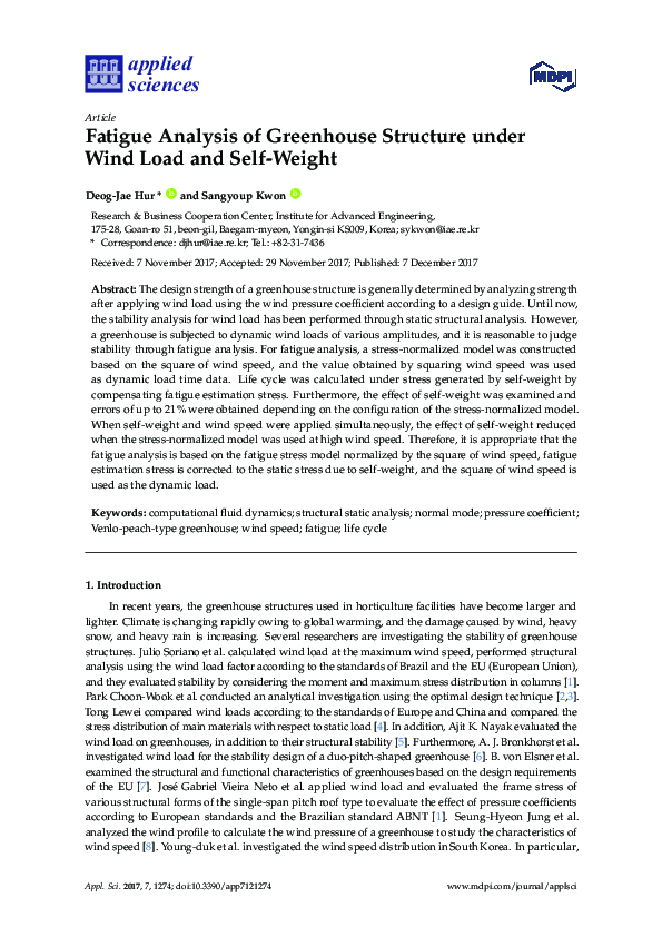 Fatigue Analysis of Greenhouse Structure under Wind Load and Self-Weight