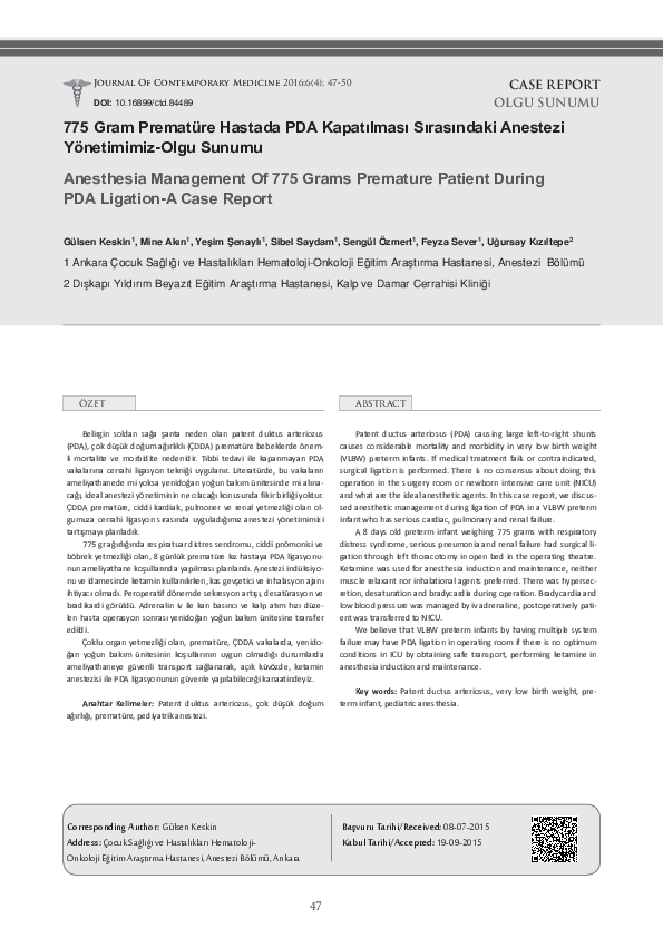 (PDF) 775 Gram Prematüre Hastada Pda Kapatilmasi Sirasindaki̇ Anestezi̇ ...