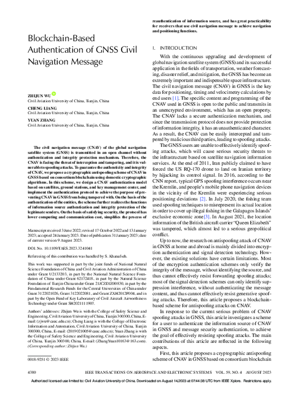 (PDF) Blockchain-Based Authentication of GNSS Civil Navigation Message