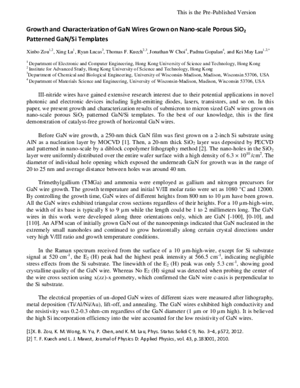 (PDF) Growth and Characterization of GaN Wires Grown on Nano-Scale ...