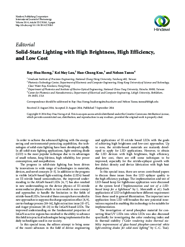 Editorial Solid-State Lighting with High Brightness, High Efficiency, and Low Cost