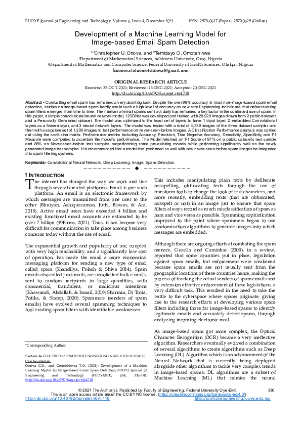 (PDF) Development of a Machine Learning Model for Image-based Email Spam Detection