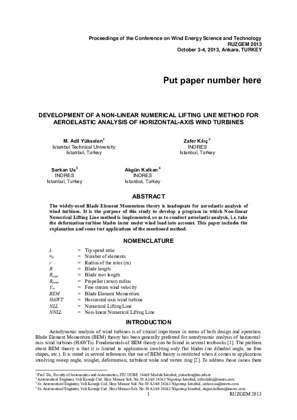(PDF) DEVELOPMENT OF A NON-LINEAR NUMERICAL LIFTING LINE METHOD FOR ...