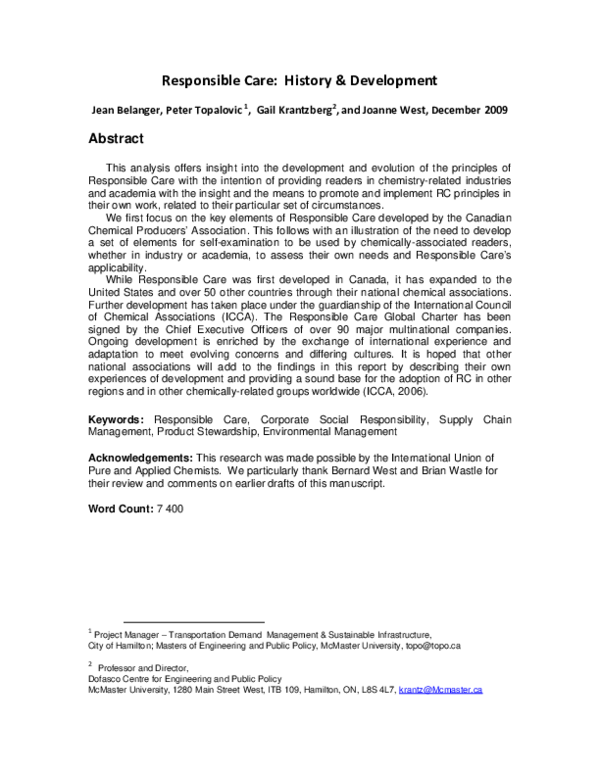 (PDF) Responsible Care: History & Development