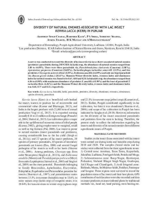 Diversity of Natural Enemies Associated with Lac Insect Kerria lacca ...
