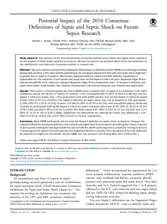 (PDF) Potential Impact of the 2016 Consensus Definitions of Sepsis and ...