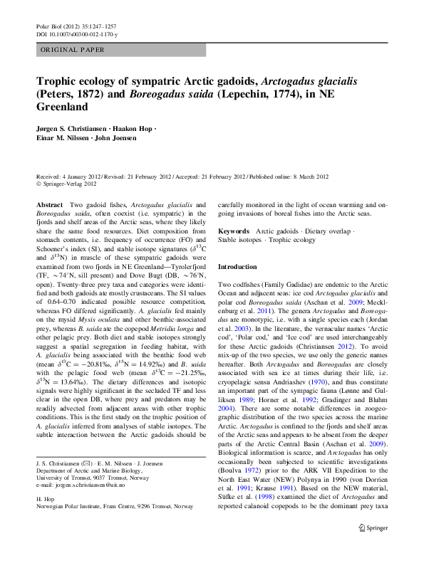 (PDF) Trophic ecology of sympatric Arctic gadoids, Arctogadus glacialis ...