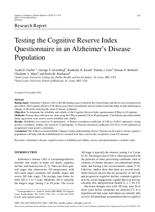 (PDF) Testing the Cognitive Reserve Index Questionnaire in an Alzheimer ...