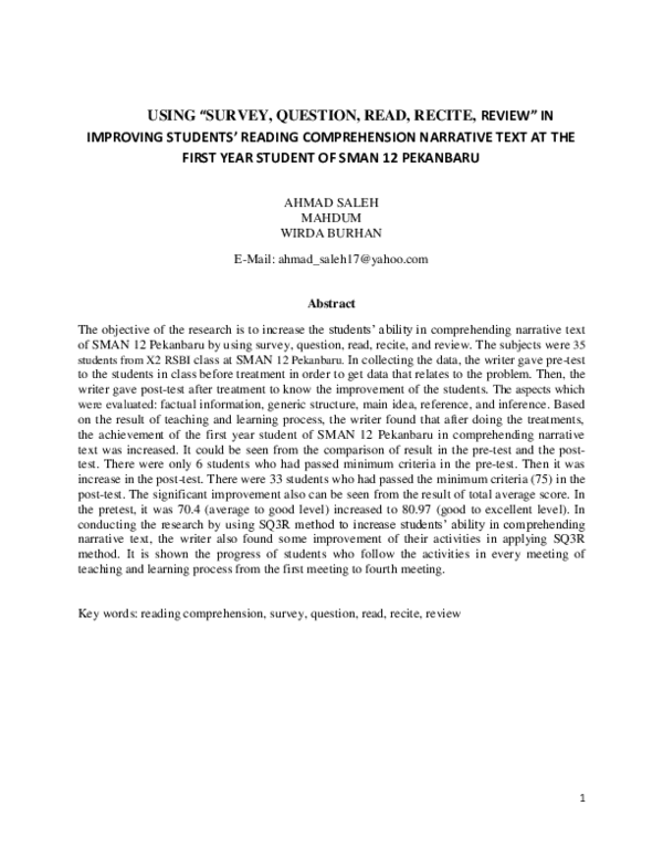 (PDF) Using “Survey, Question, Read, Recite, Review” In Improving ...